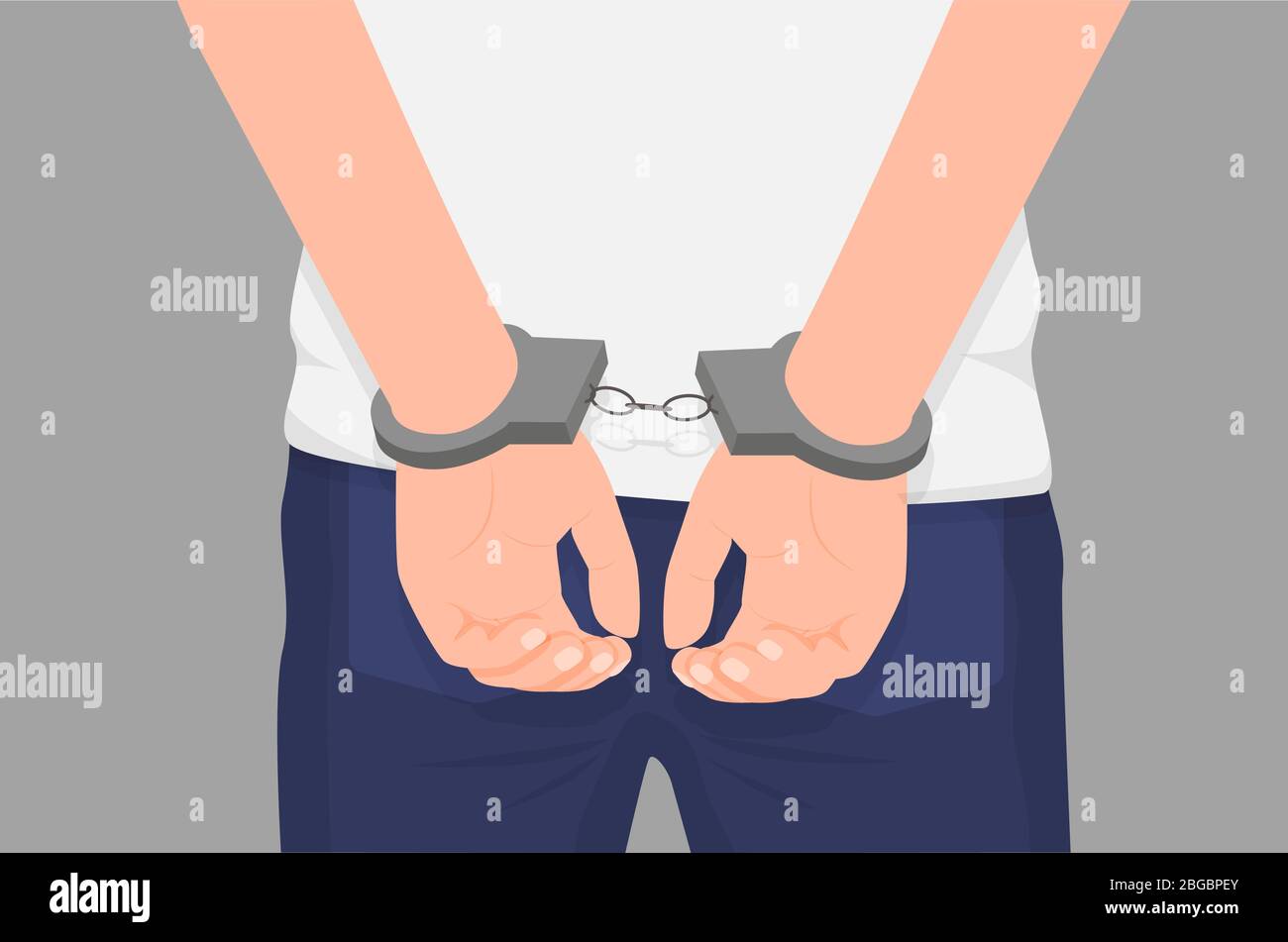 Cartoon crime man hands in handcuff at back isolated. Close up law ...