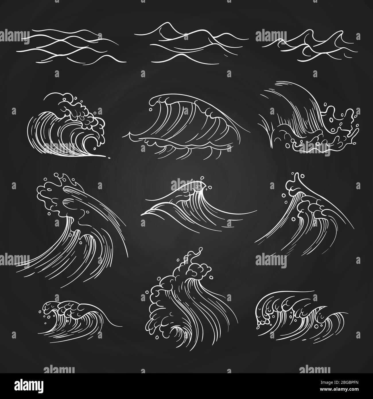 Hand drawn ocean and sea storm waves on blackboard. Vector illustration ...