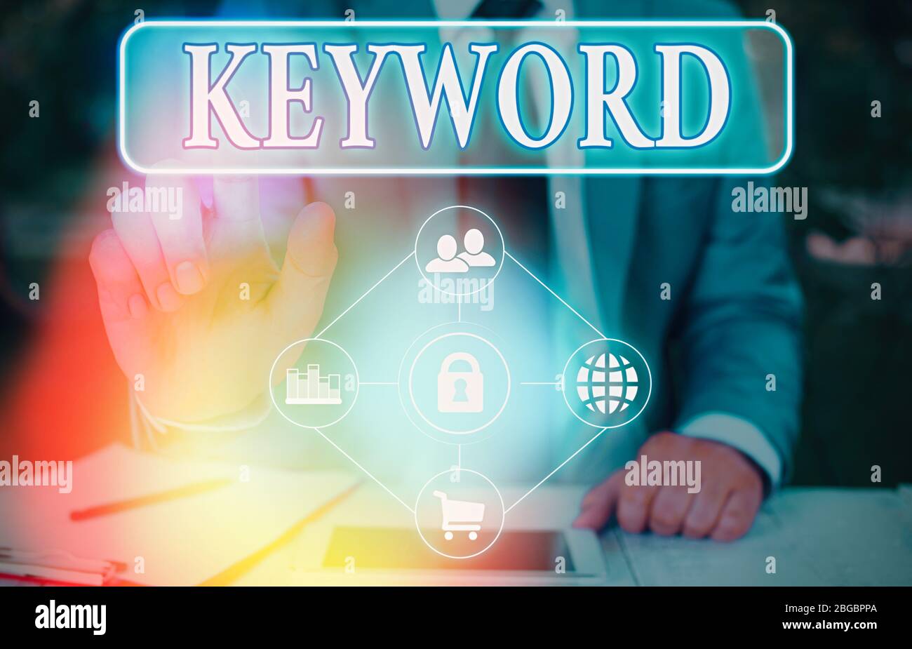 Text sign showing Keyword. Business photo showcasing word which acts as ...