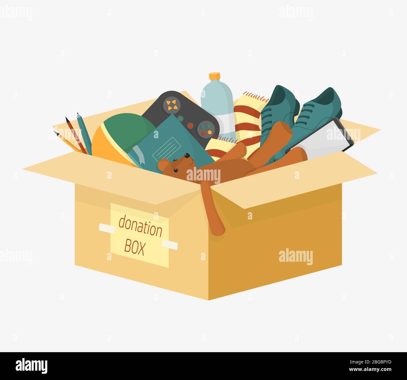 Cartoon donation box with lettering inscription full of things for aid ...