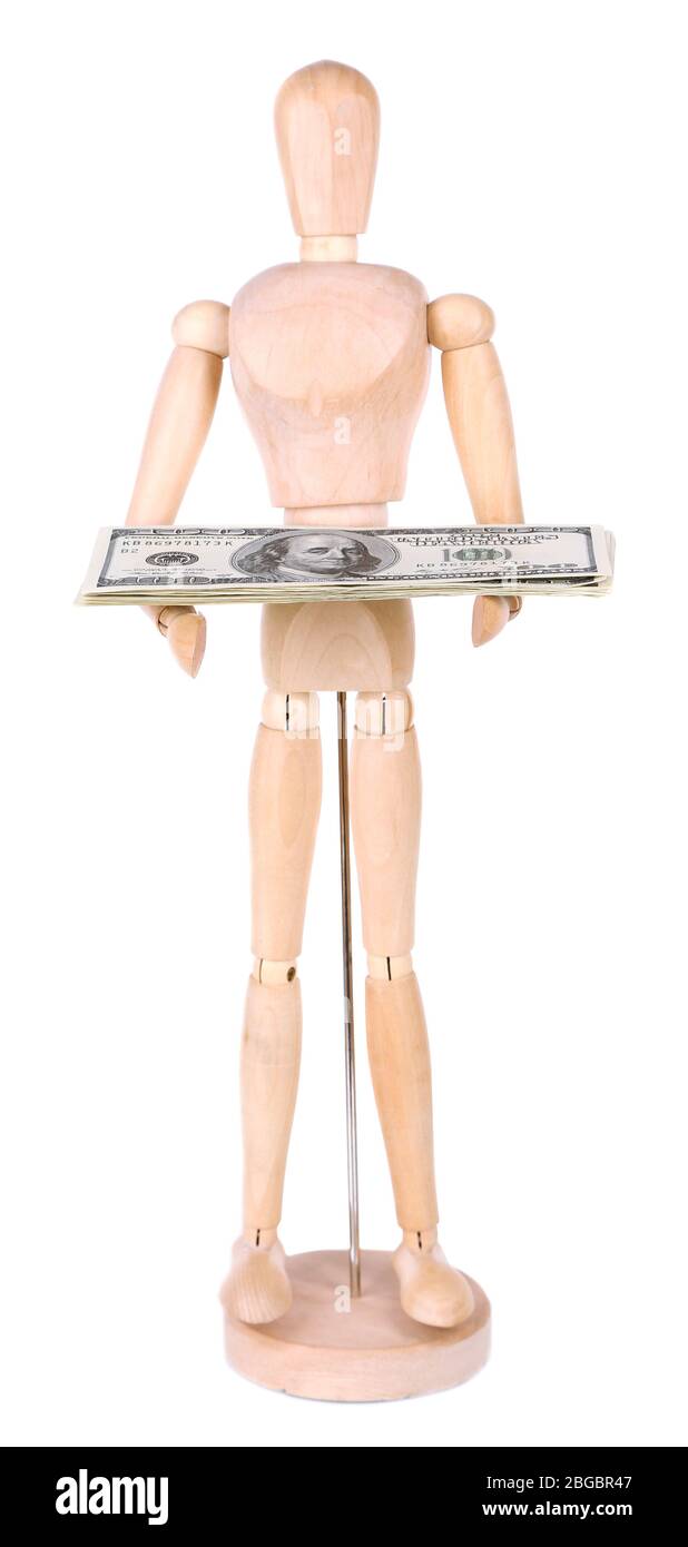 Wooden small mannequin with money isolated on white Stock Photo - Alamy