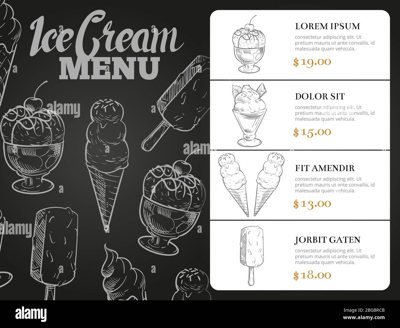 Ice cream menu with prices - desserts blackboard menu card. Vector ...