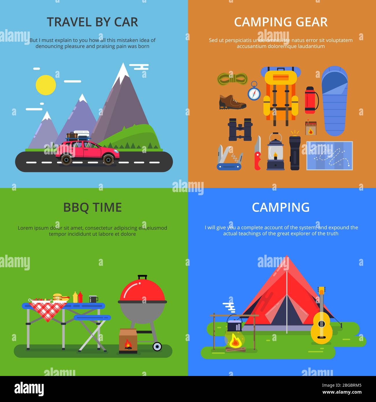 Four vector illustrations set of outdoor activities. Summer camping ...