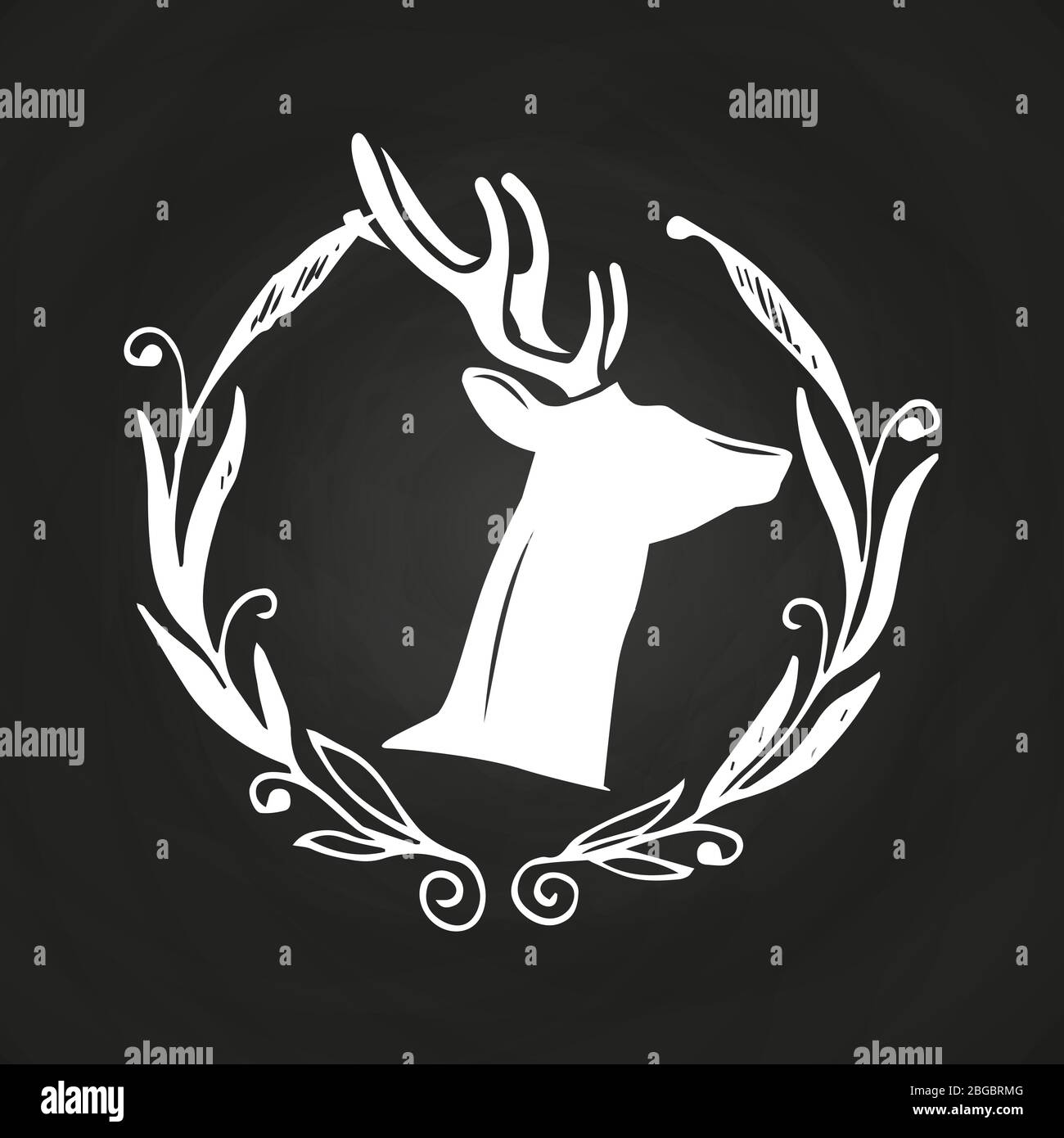 Chalkboard hipster logo with hand drawn wreath and deer head silhouette ...