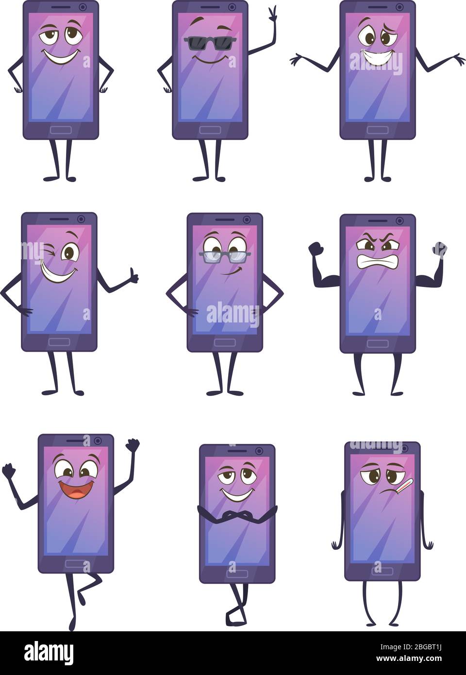 Funny cartoon character. Smiling smartphone with different emotions ...