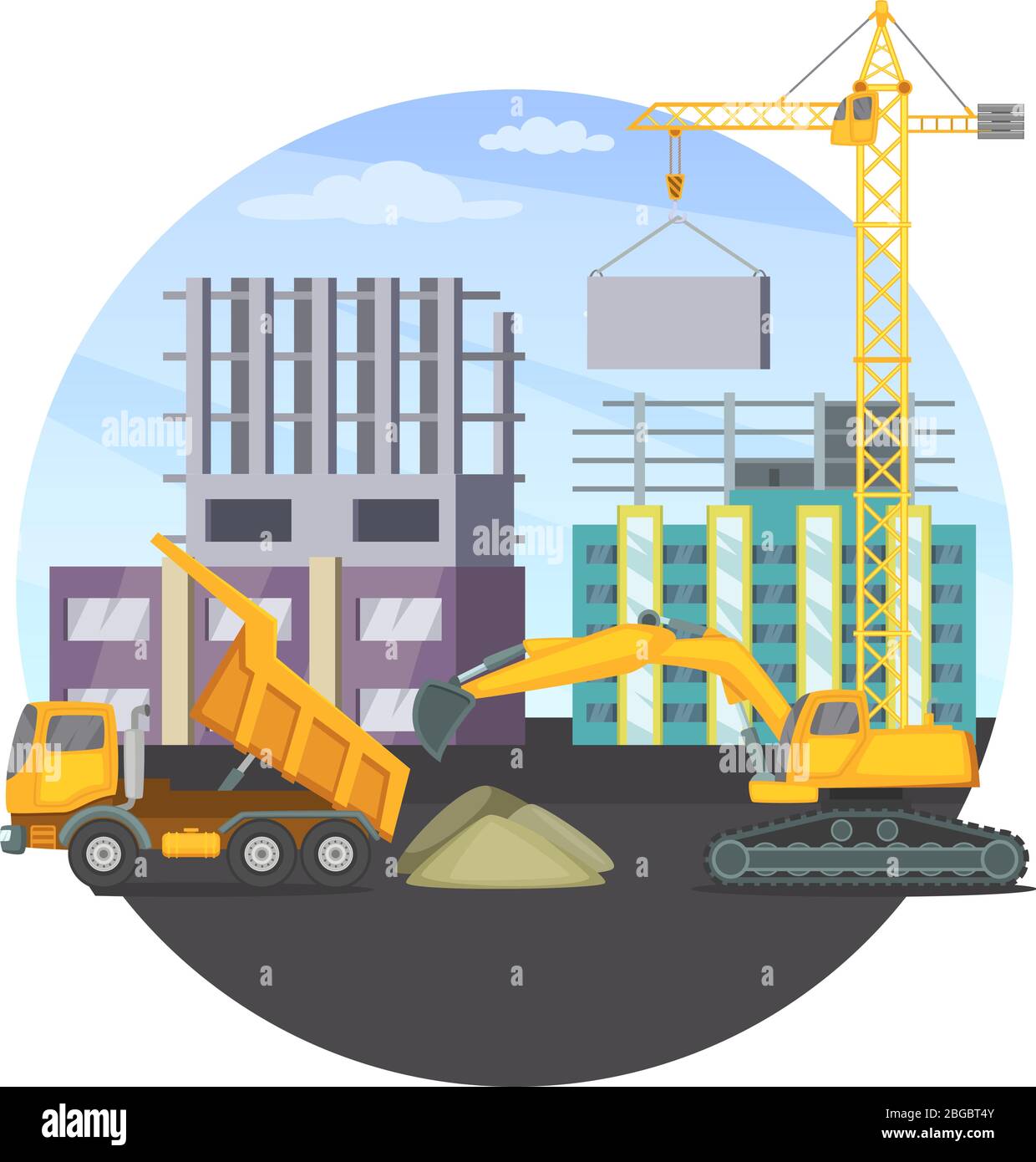 Construction concept with unfinished modern building and different ...