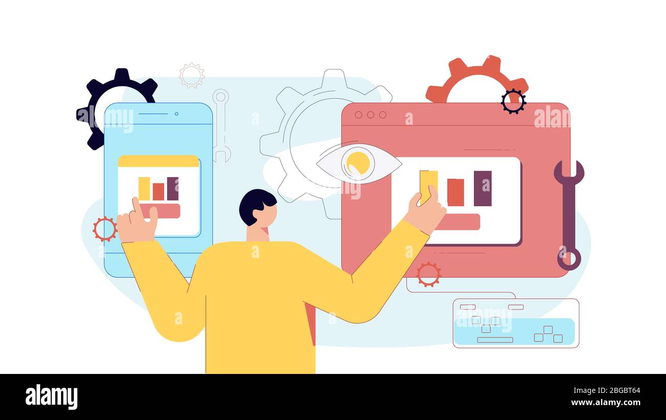 Cartoon male developer testing application of smartphone and computer ...