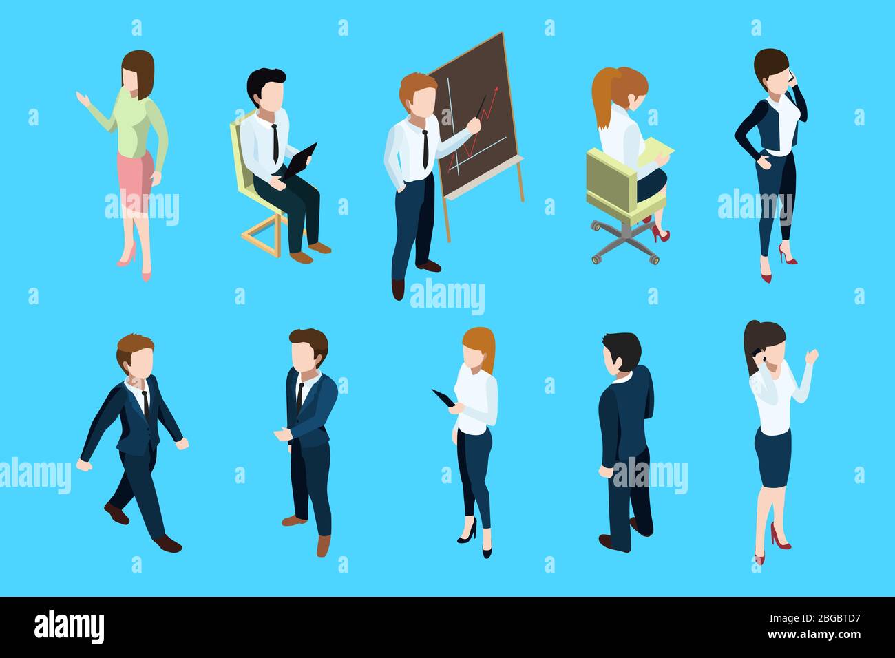 Isometric business people in different action poses. Big boss and ...