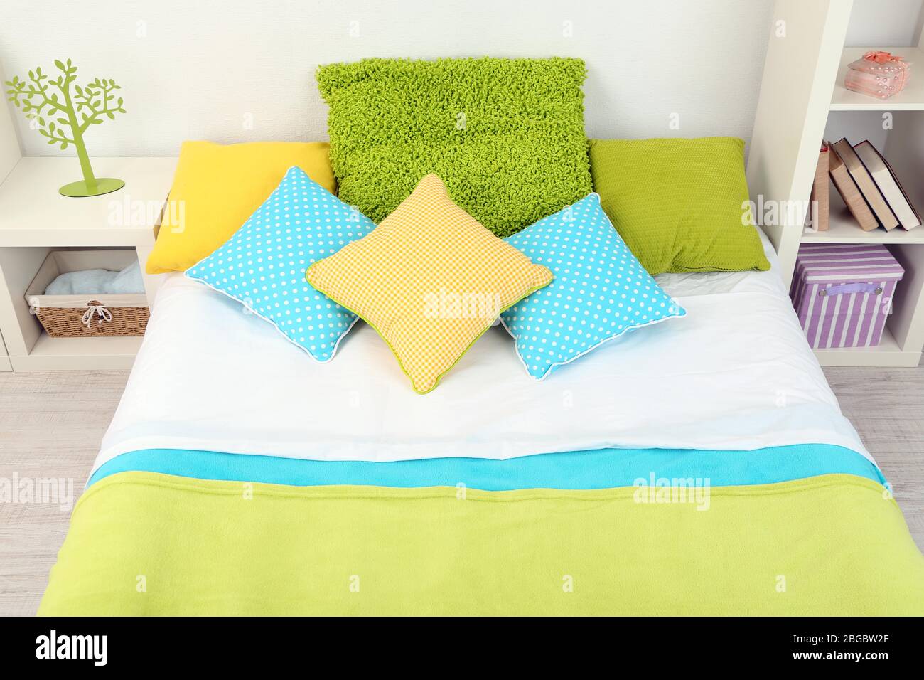 Bed in room top view close-up Stock Photo - Alamy