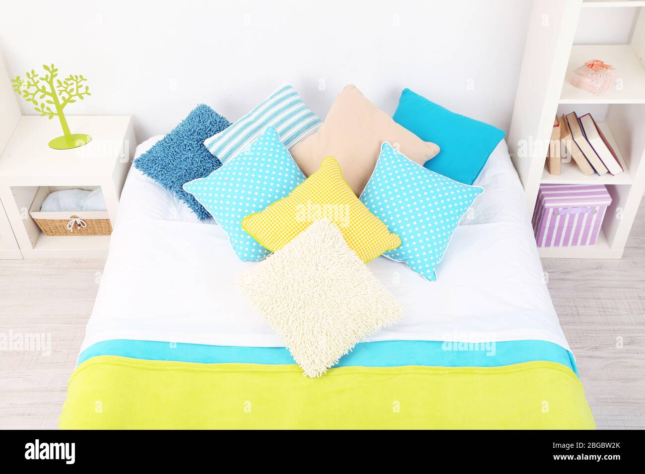 Bed in room top view close-up Stock Photo - Alamy