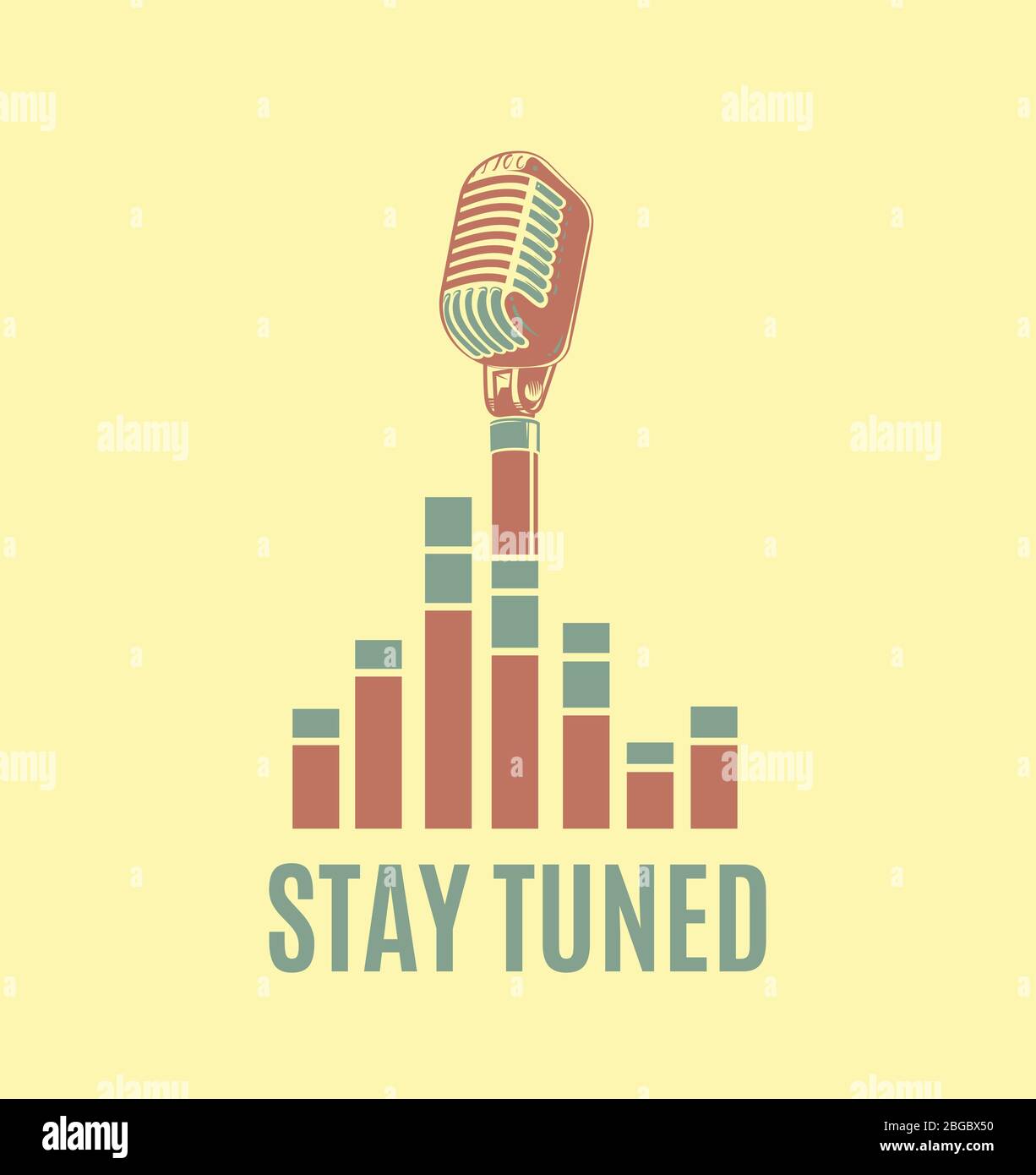 Vector stay tuned sign with retro microphone and sound waves Stock ...