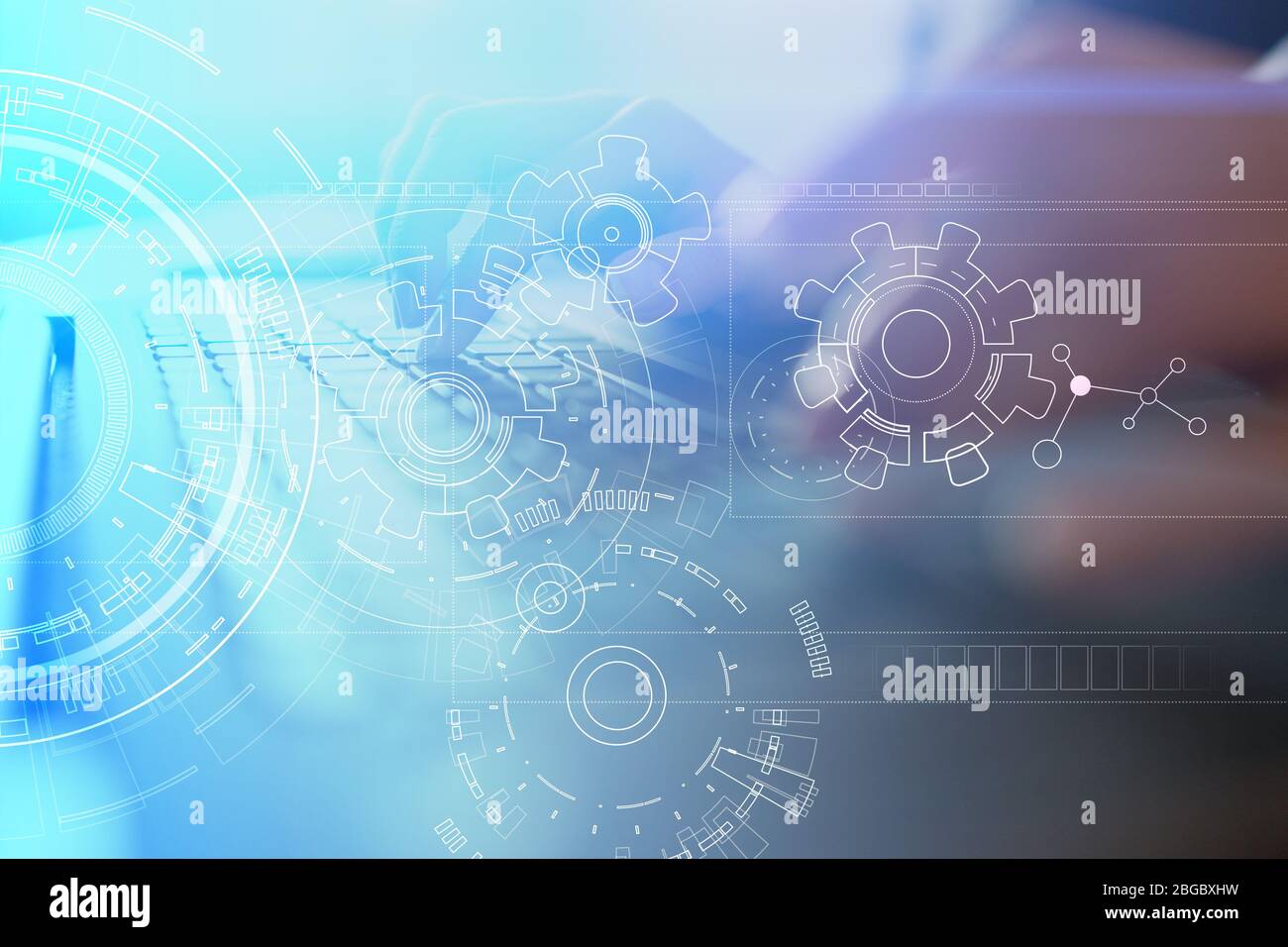 Engineering background with gears draft on virtual screen. Business ...