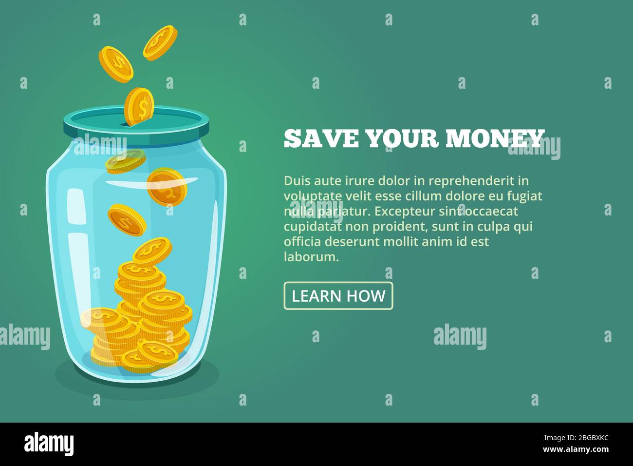Save your money. Concept picture with glossy jar and gold coins. Vector ...