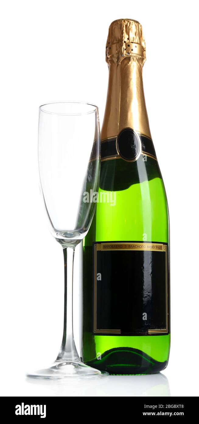 Bottle of champagne and empty champagne glass, isolated on white Stock ...