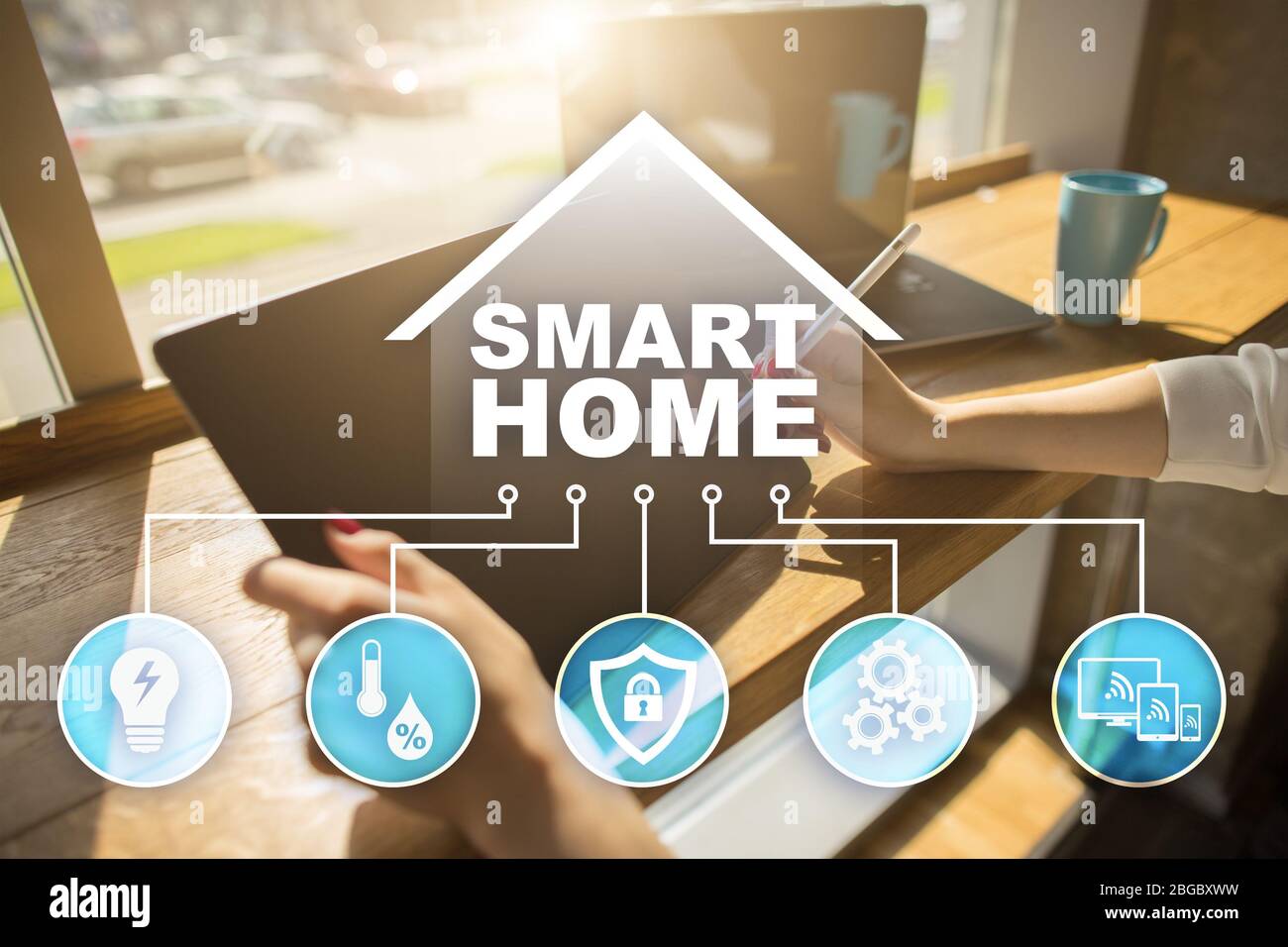 Smart home digital interface on virtual screen. Internet and automation ...