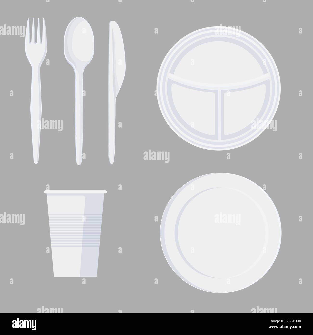 Set of cartoon plastic tableware in minimalist style isolated on white ...