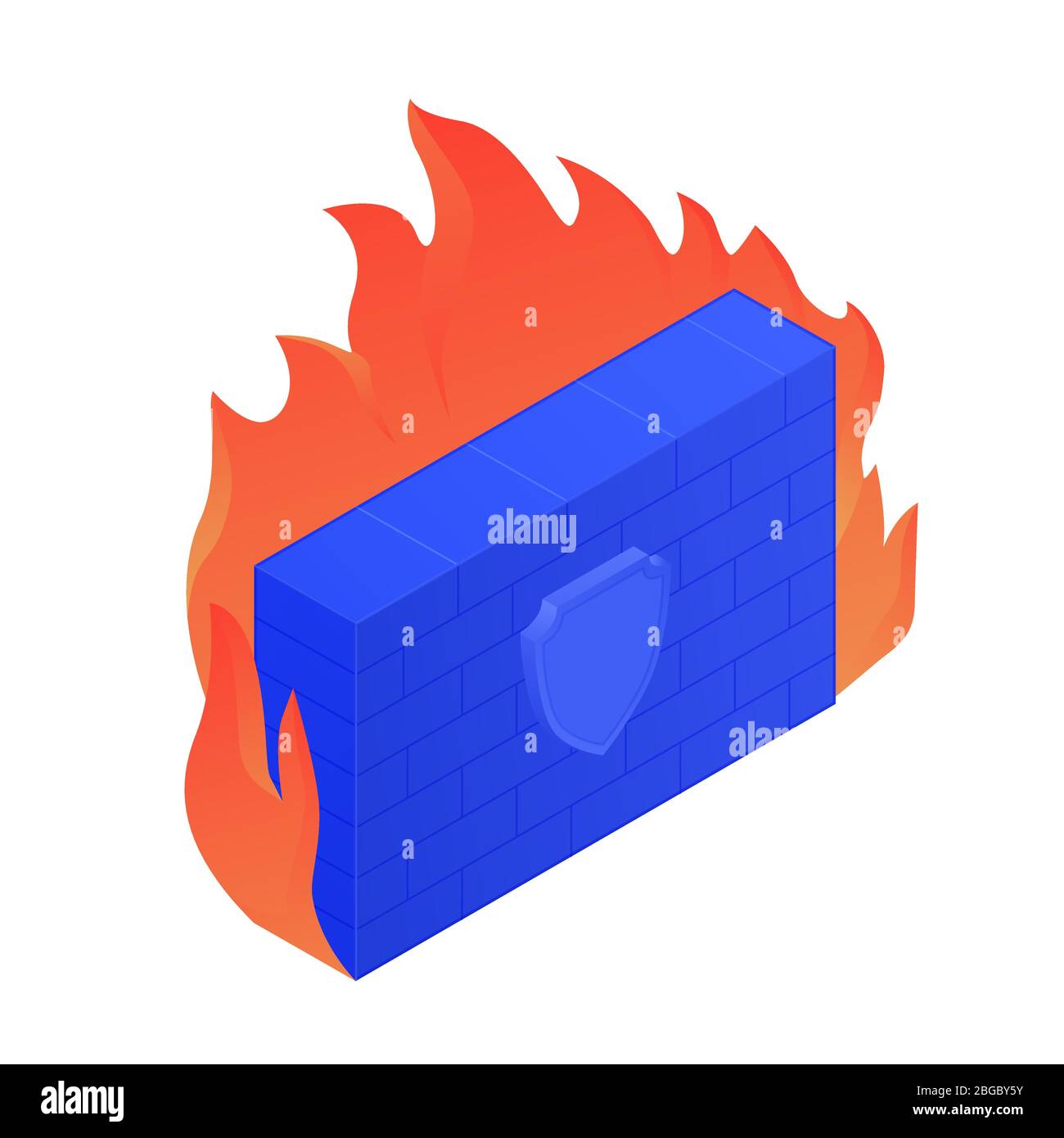 Cartoon bright brick wall in fire with shield icon vector graphic ...