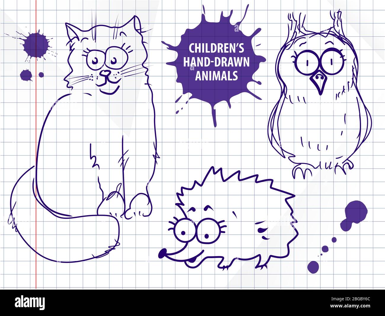 Cute hand drawn cartoon cat, owl, hedgehog for baby and children card ...