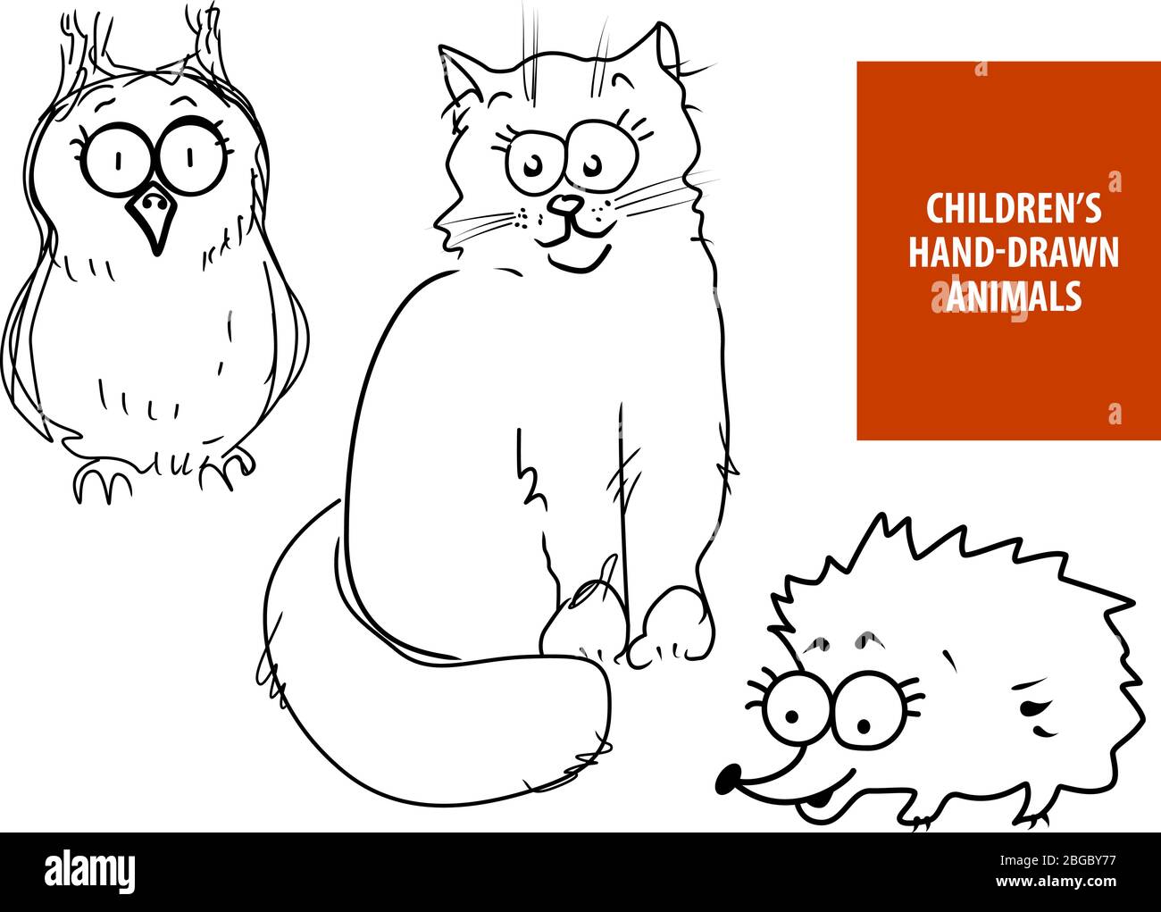 Cute hand drawn cartoon cat, owl, hedgehog for baby and children card ...