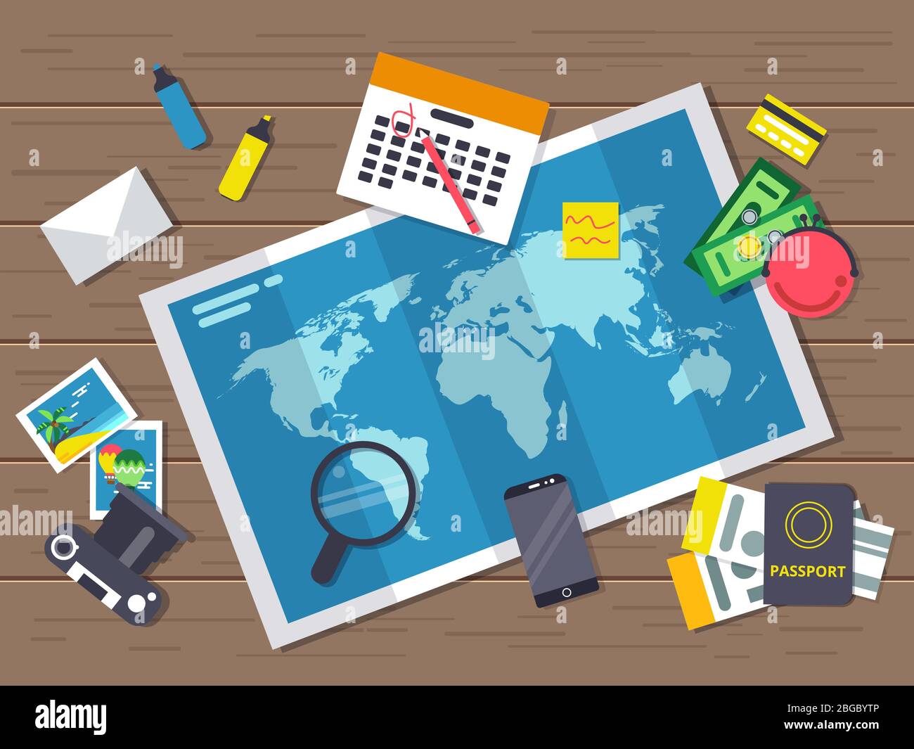 Big world map with different traveling elements on it. Planning of ...