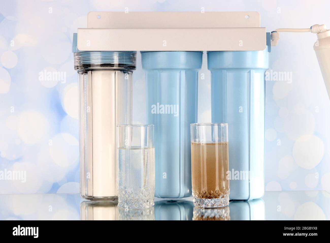 Filter system for water treatment with glasses of clean and dirty water ...