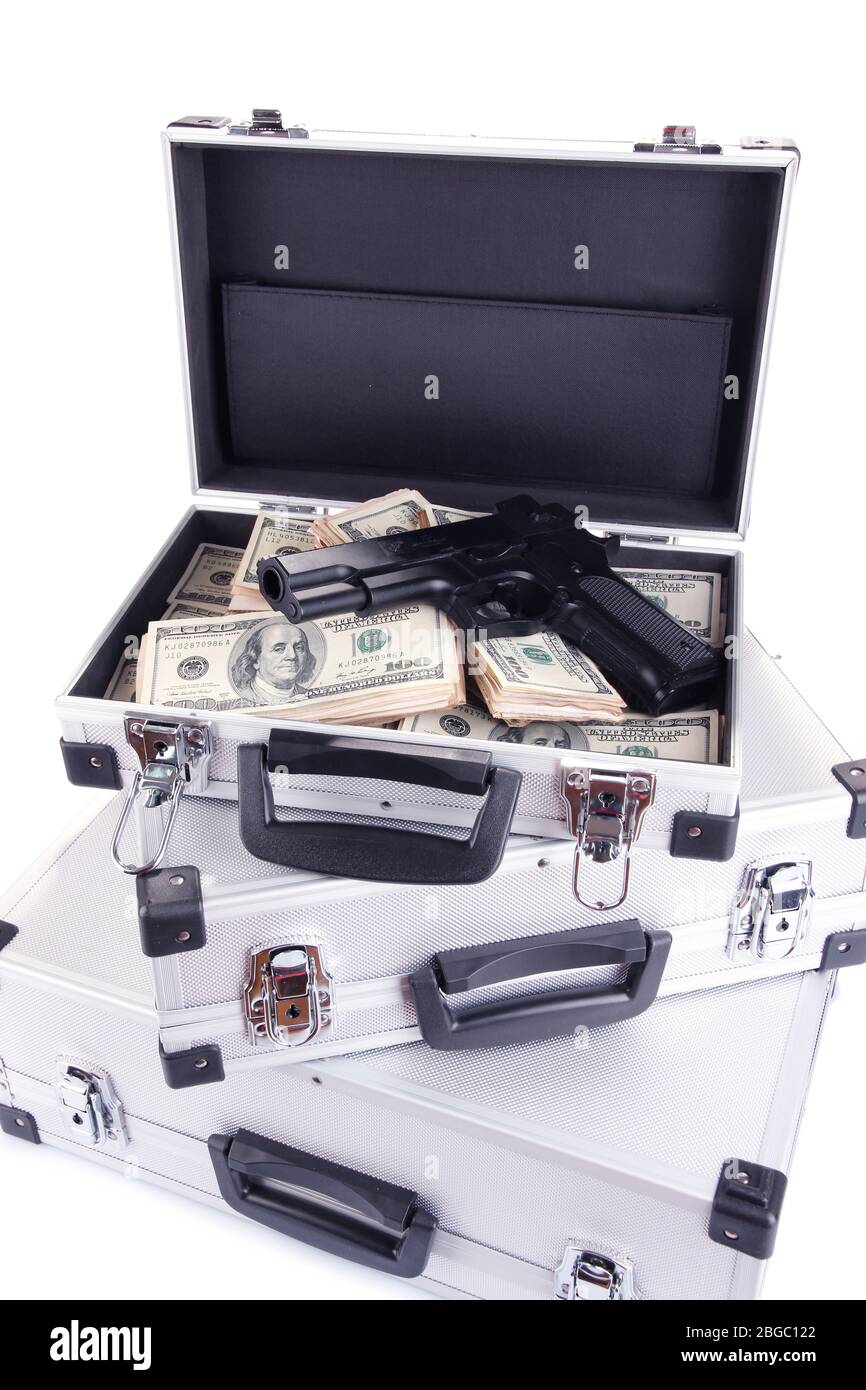 Cases with money and guns, isolated on white Stock Photo - Alamy