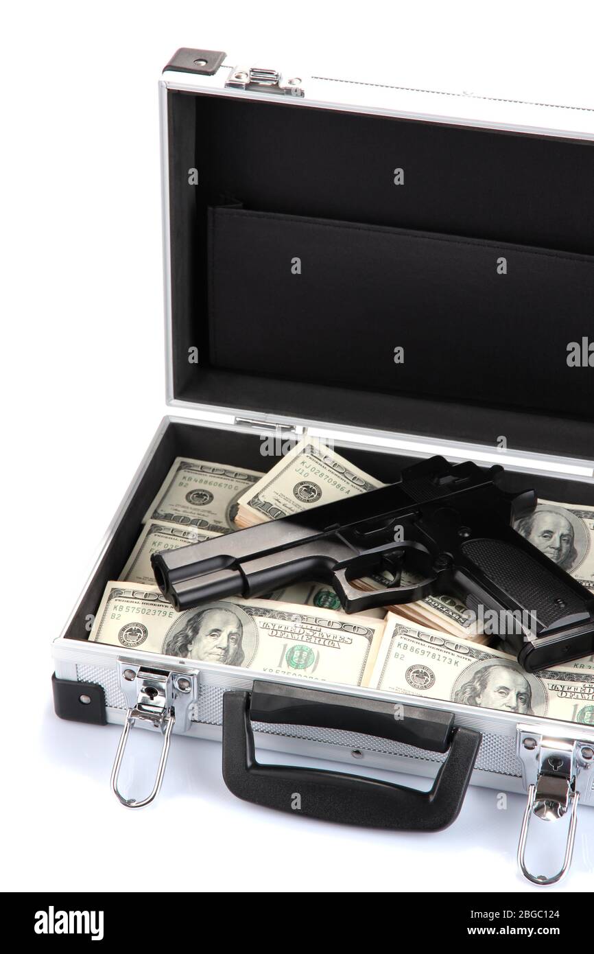 Case with money and gun, isolated on white Stock Photo - Alamy