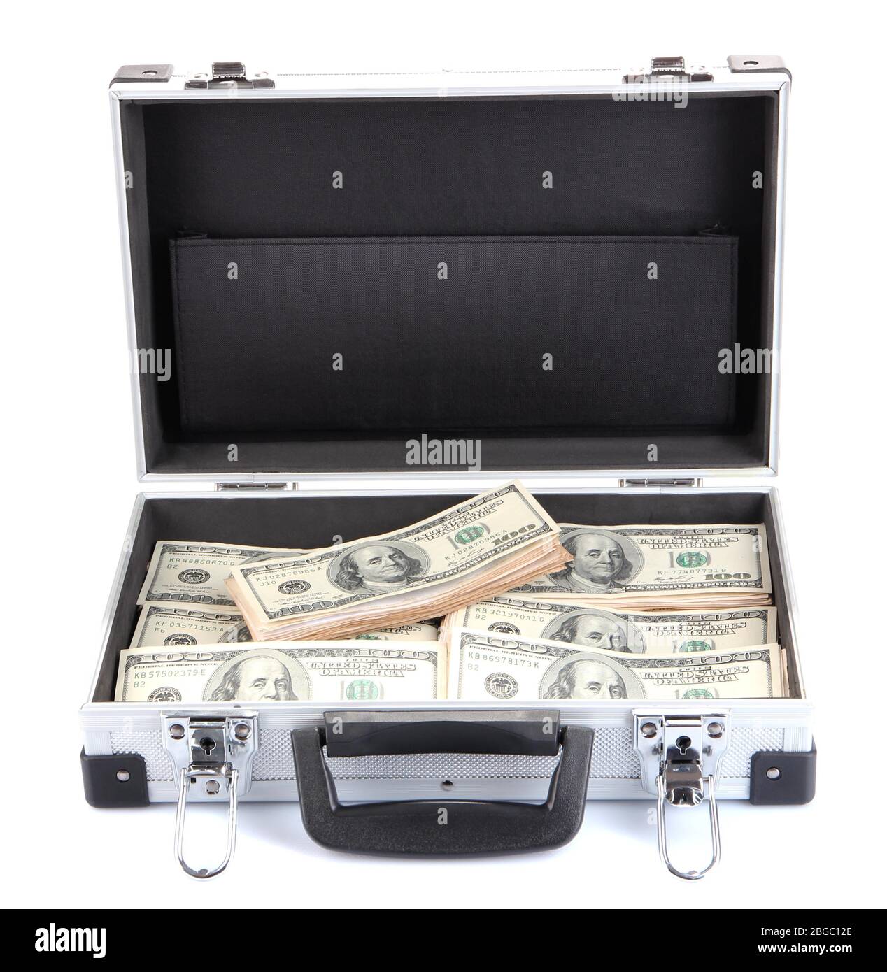 Case with money and gun, isolated on white Stock Photo - Alamy