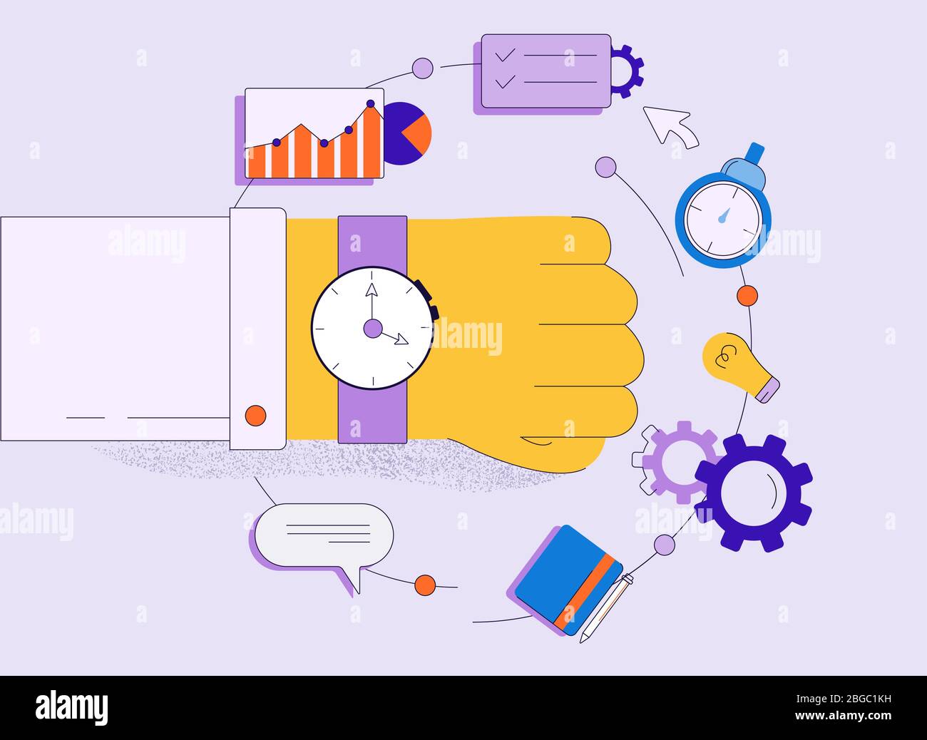 Cartoon human hand with wrist watch surrounded by business elements ...