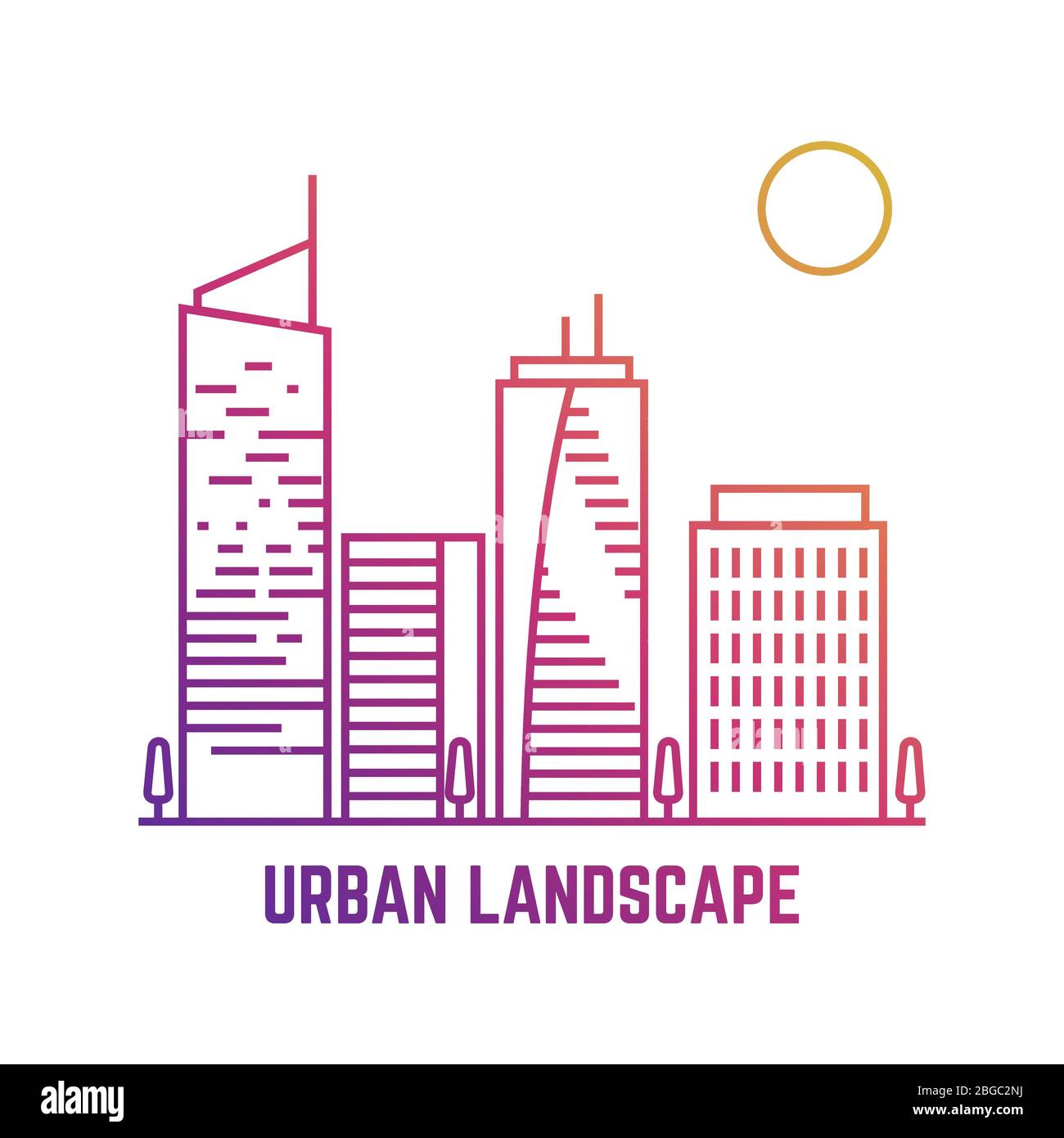 Colorful urban landscape in line vector style isolated on white ...