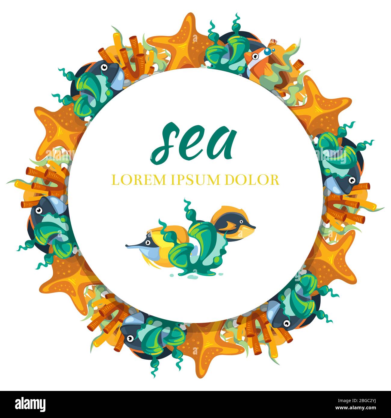 Sealife round banner design - banner with cartoon seaweeds and fish ...