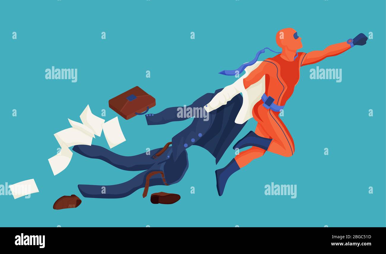 Cartoon office worker take off suit flying go to dream become superhero ...