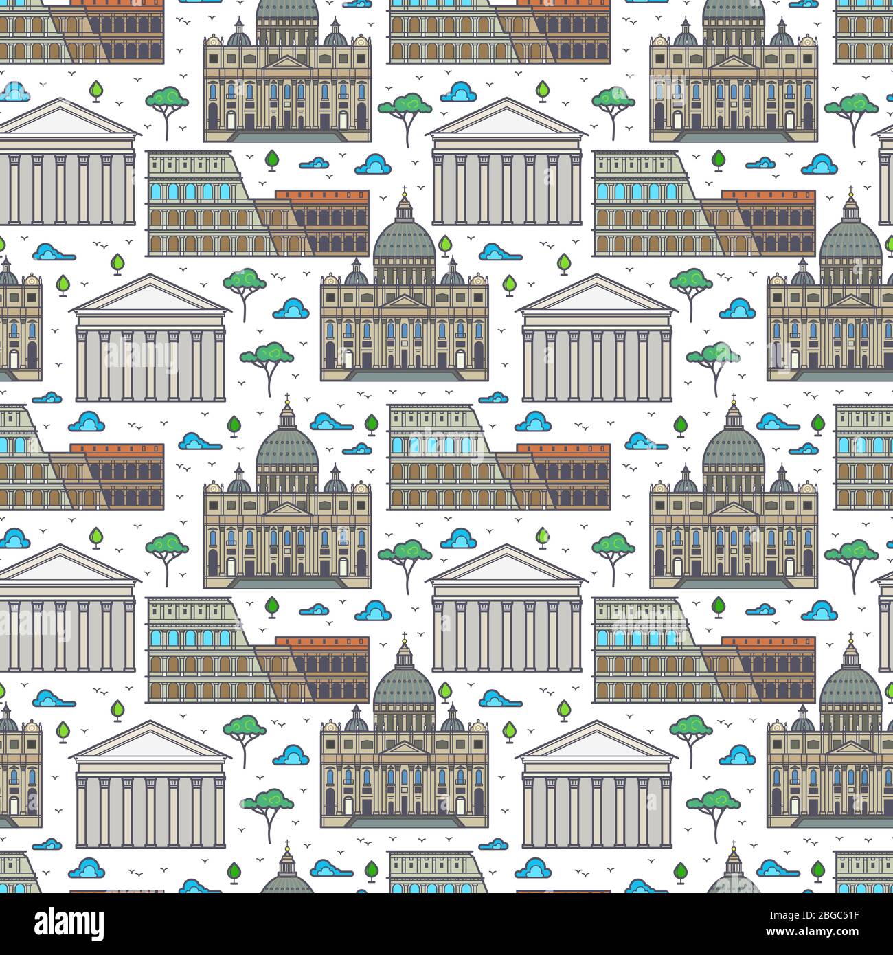 Linear Rome city famous buildings seamless pattern. Vector illustration ...