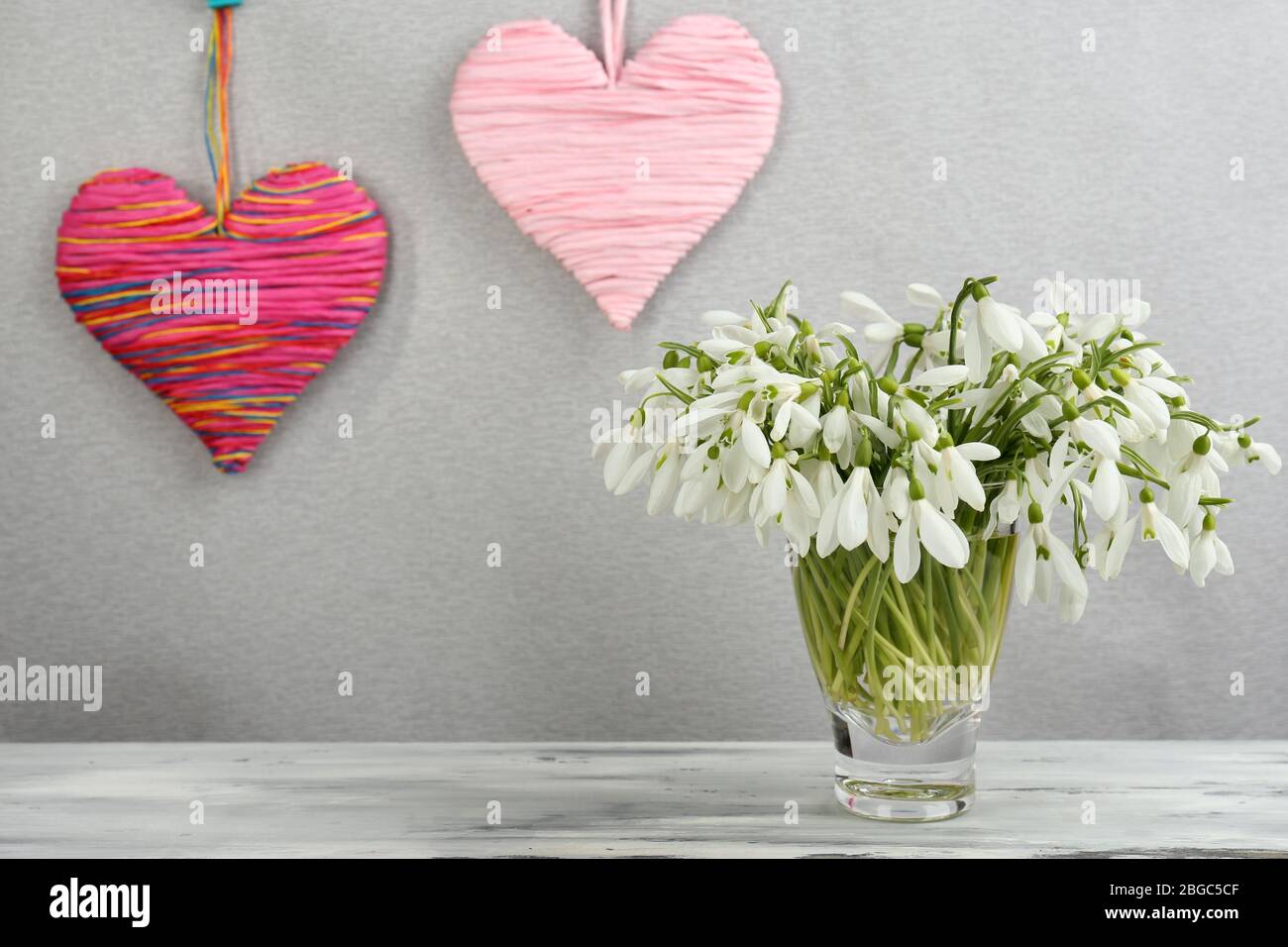 Beautiful snowdrops in vase with hearts on grey background Stock Photo ...