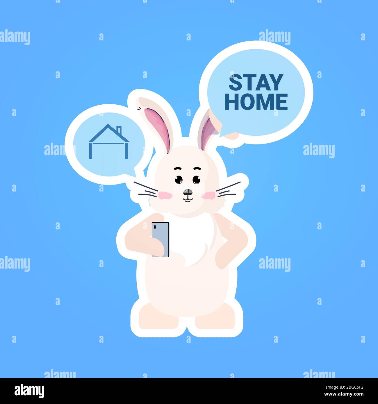 rabbit with stay home chat bubble speech happy easter spring holiday ...