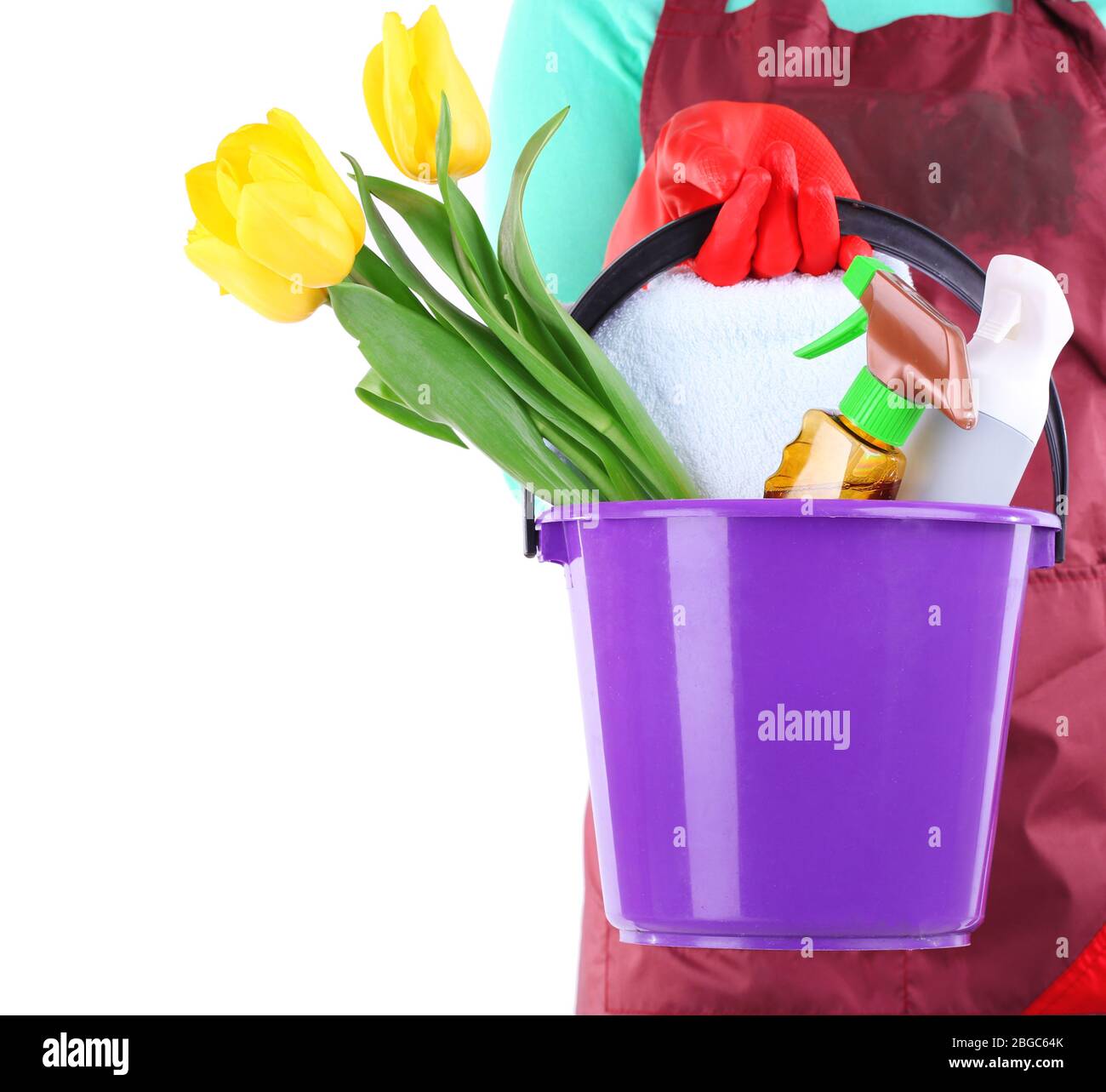 Housewife holding bucket with cleaning equipment. Conceptual photo of ...