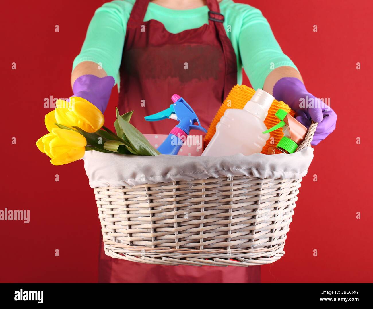 Housewife holding basket with cleaning equipment on color background ...