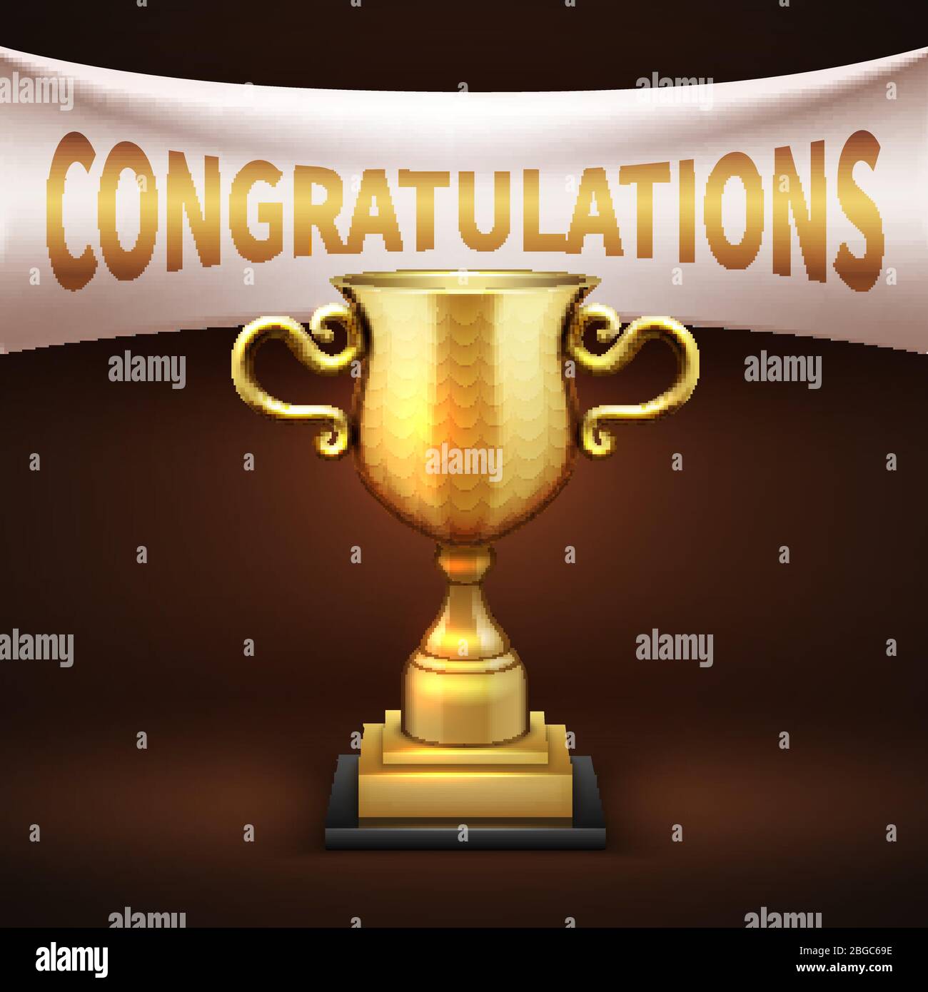 Golden luxury trophy cup with white textile banner and congratulations ...