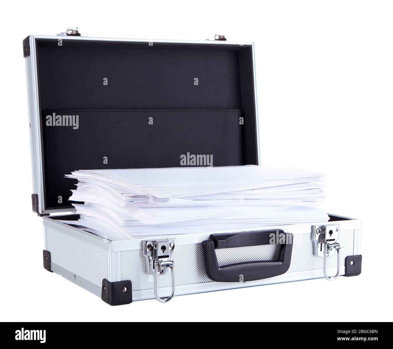 Briefcase full of papers, isolated on white Stock Photo - Alamy