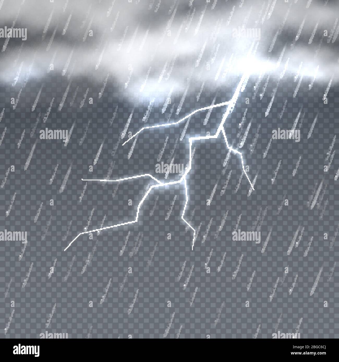 Storm and lightning with rain and clouds in sky isolated. Climate ...