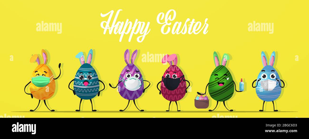 colorful decorated eggs with rabbit ears in medical masks happy easter ...
