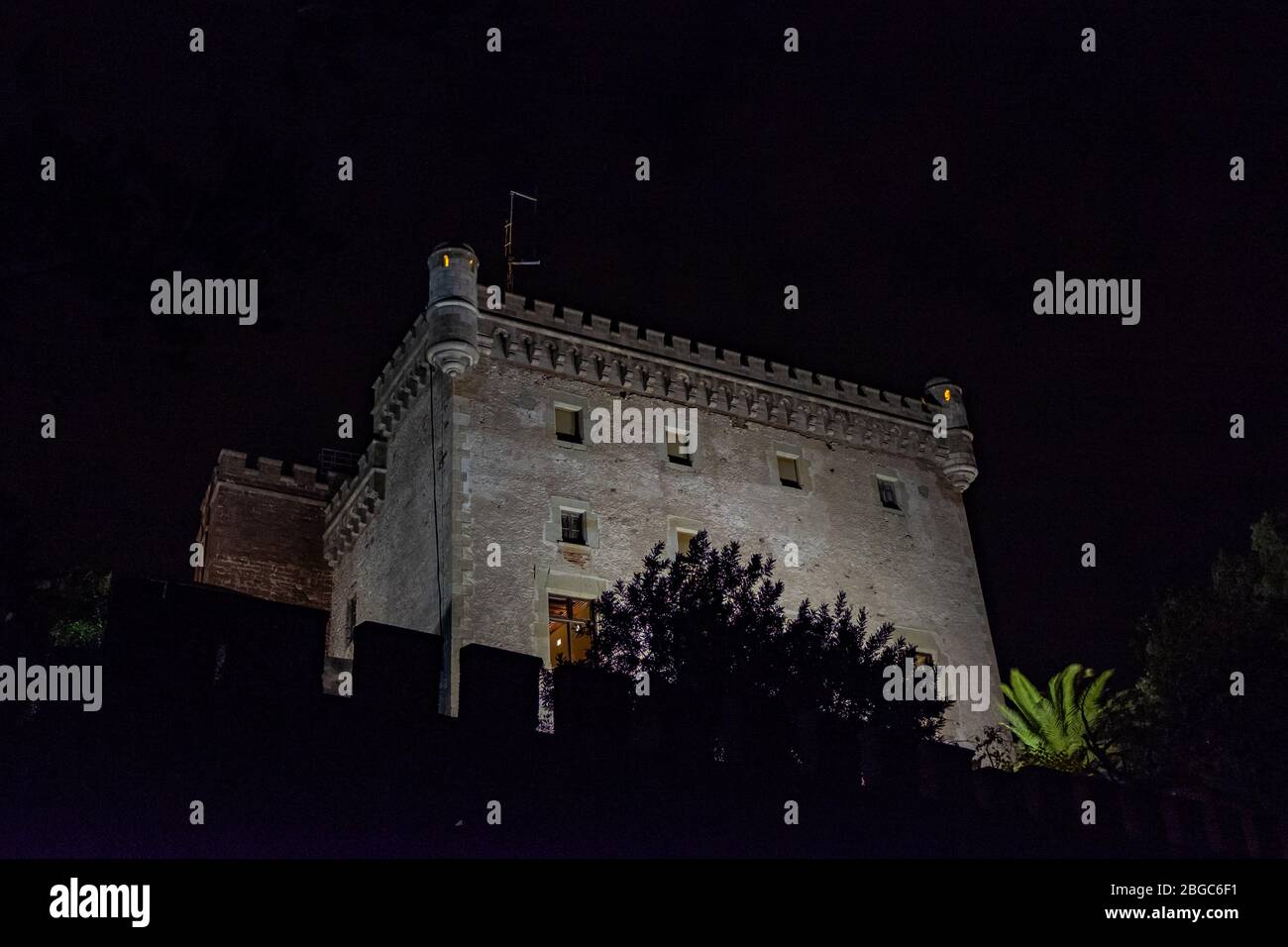 Castelldefels castle at night in Barcelona, Catalonia, Spain Stock ...