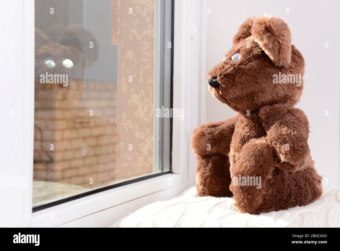 Toy-bear looking out window close-up Stock Photo - Alamy