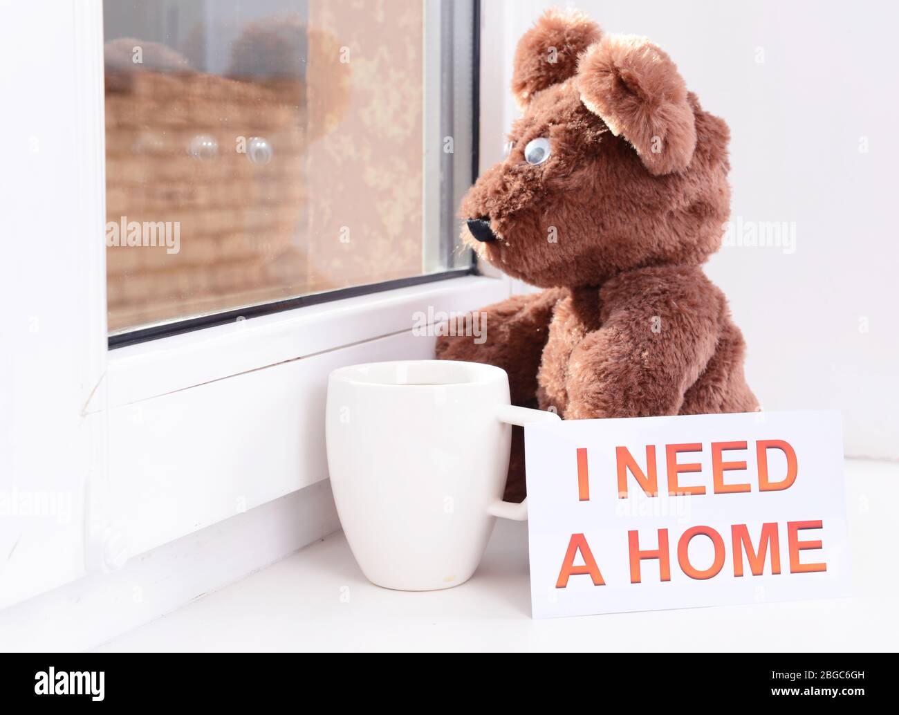 Toy-bear looking out window close-up Stock Photo - Alamy