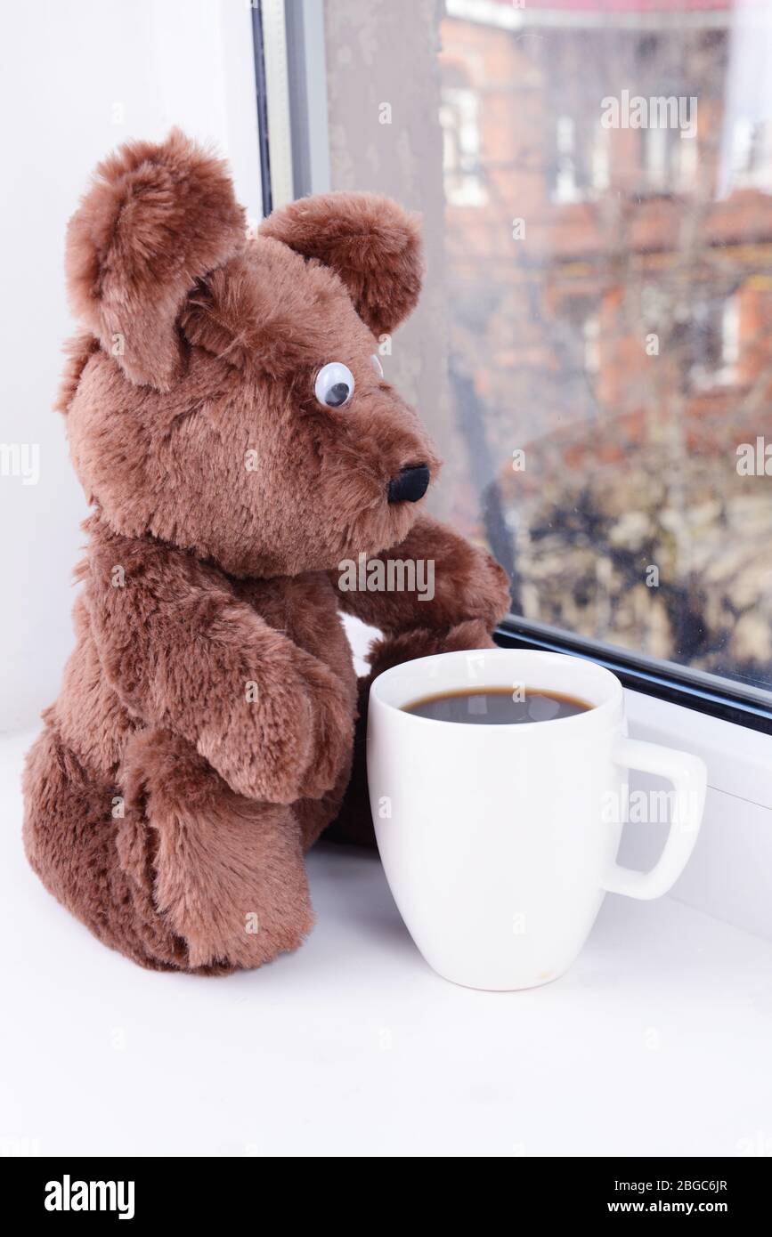Toy-bear looking out window close-up Stock Photo - Alamy