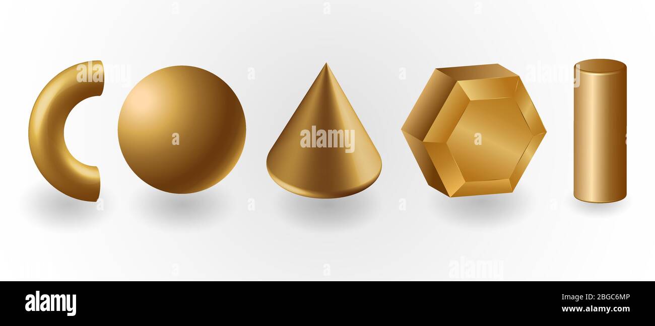 Set of colorful metallic realistic glossy 3d gold shapes isolated on ...