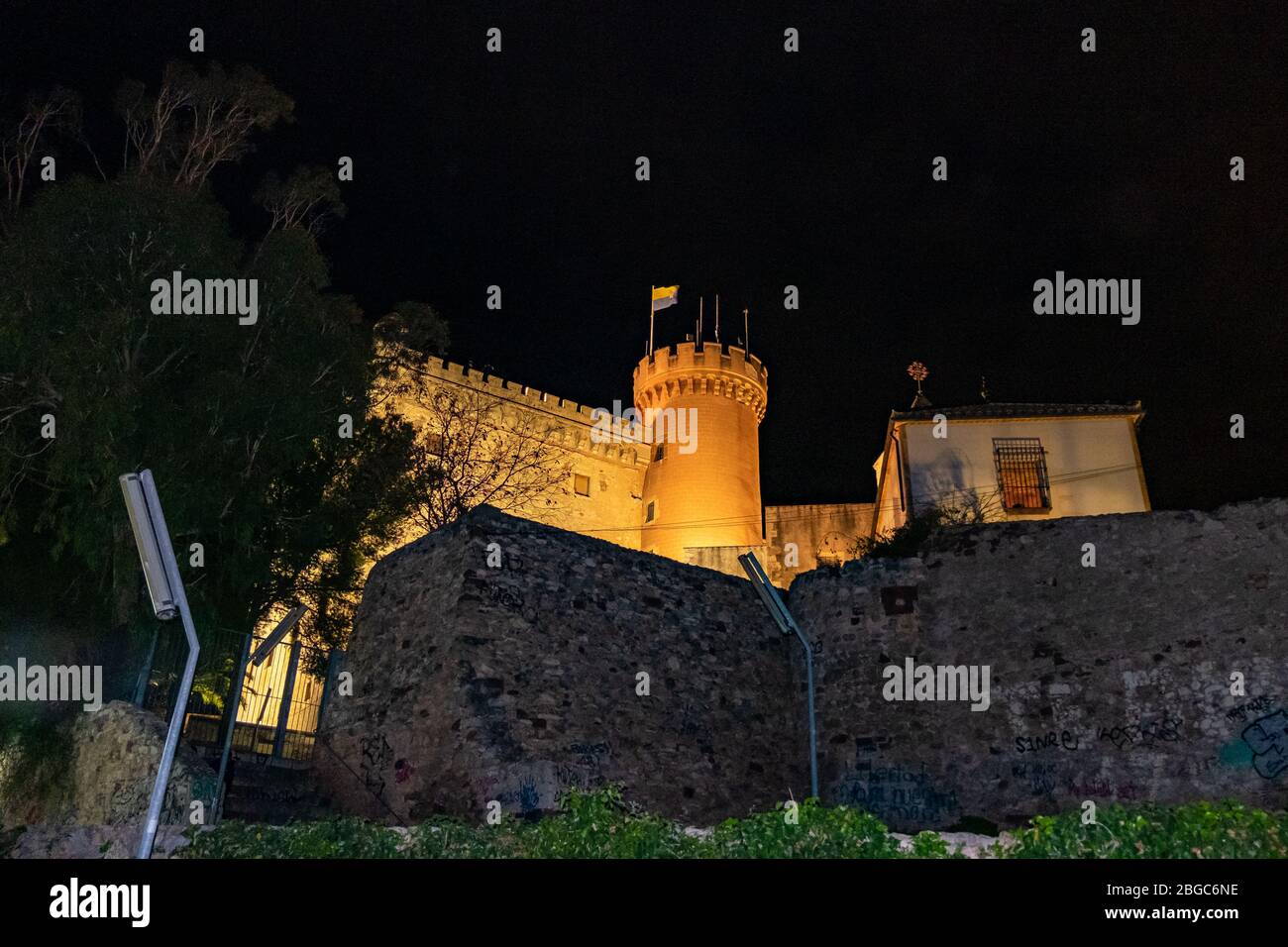 Castelldefels castle at night in Barcelona, Catalonia, Spain Stock ...