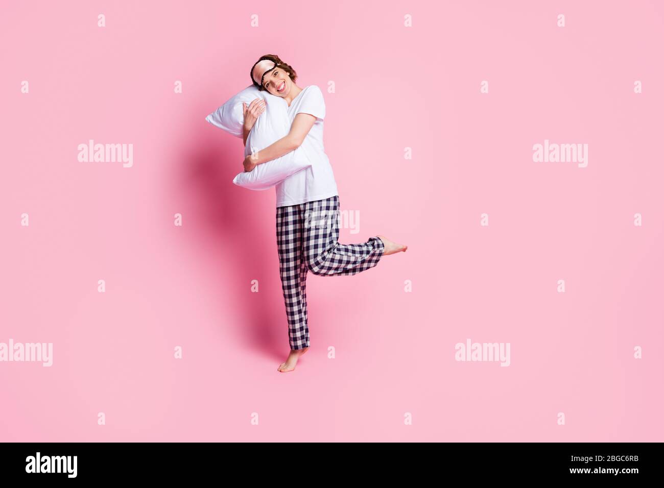 Good morning to you. Full length photo of funny pretty lady hold hug ...