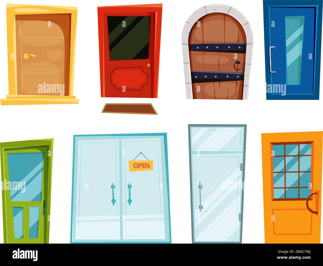 Closed doors of different types. Vector illustrations in cartoon style ...