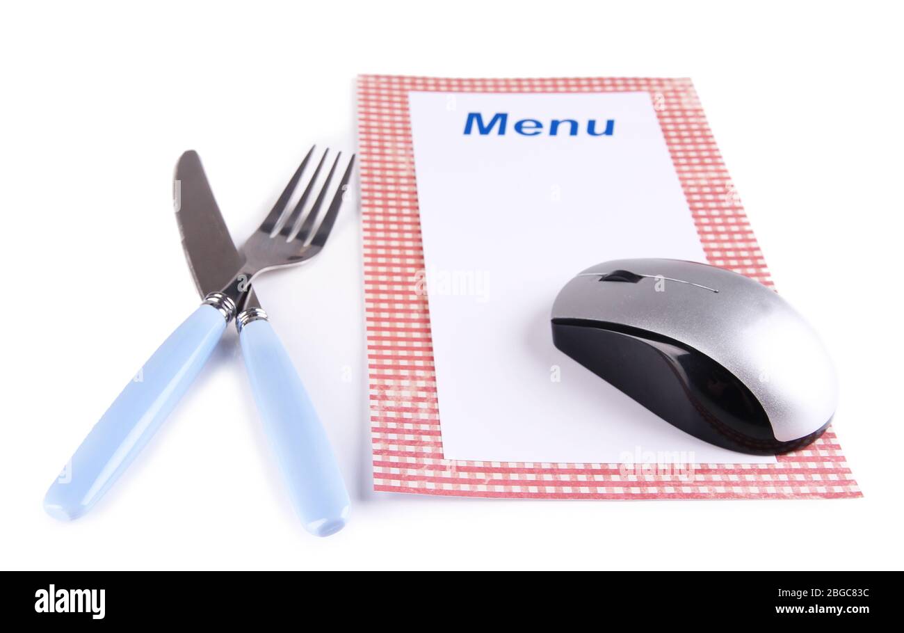 Computer mouse with menu and cutlery isolated on white Stock Photo - Alamy